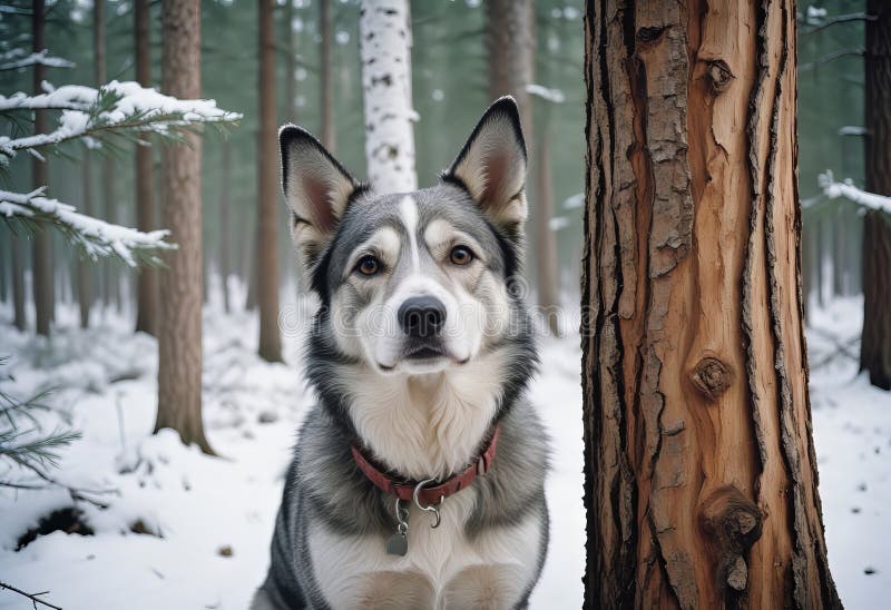 Sad Dog Tied To Tree in Winter Forest Dog Waiting for Owner Stock ...