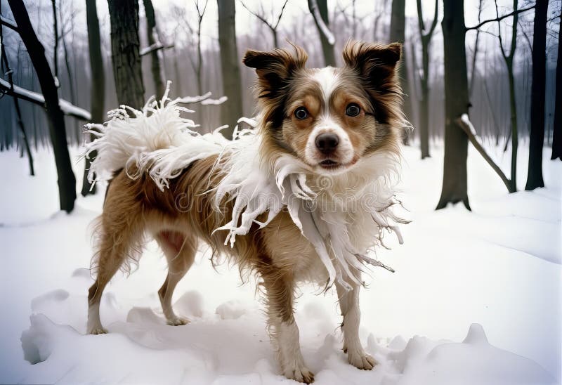 Sad Dog Tied To Tree in Winter Forest Dog Waiting for Owner Stock ...