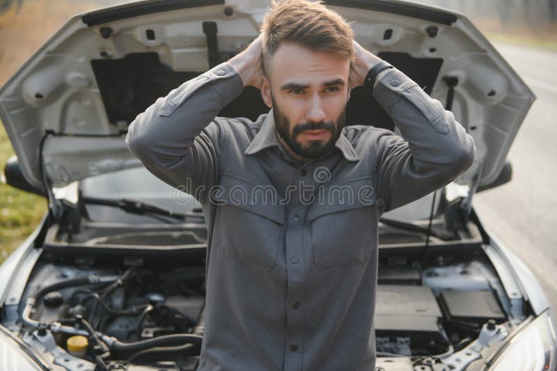 Sad Driver Holding His Head Having Engine Problem Standing Near Broken ...