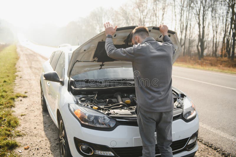 Sad Driver Holding His Head Having Engine Problem Standing Near Broken ...