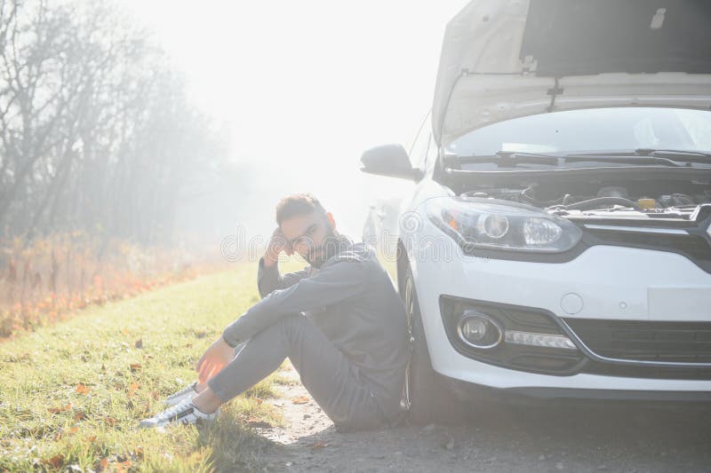 Sad Driver Holding His Head Having Engine Problem Standing Near Broken ...