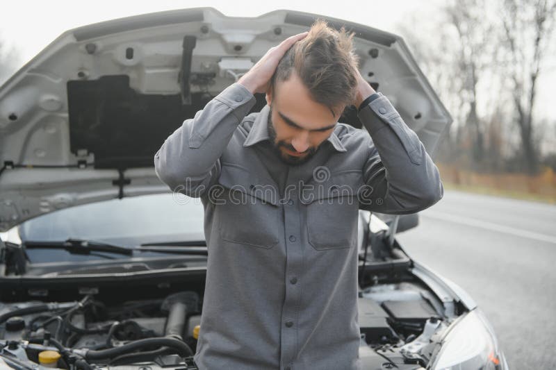 Sad Driver Holding His Head Having Engine Problem Standing Near Broken ...
