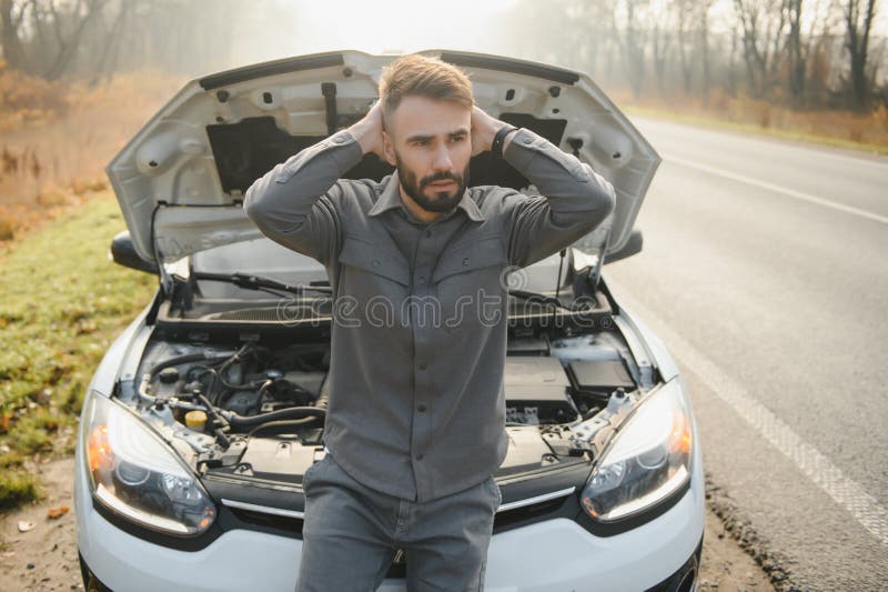 Sad Driver Holding His Head Having Engine Problem Standing Near Broken ...