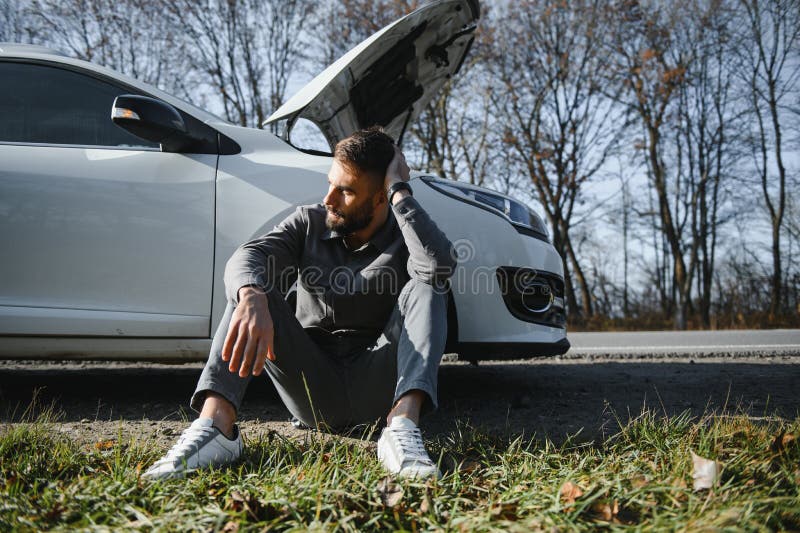 Sad Driver Holding His Head Having Engine Problem Standing Near Broken ...