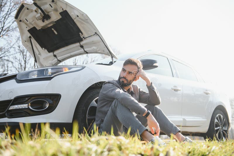 Sad Driver Holding His Head Having Engine Problem Standing Near Broken ...