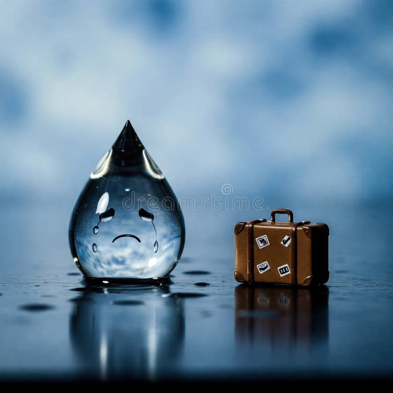 A Sad Drop of Water with a Suitcase Drives Away. Stock Image - Image of ...