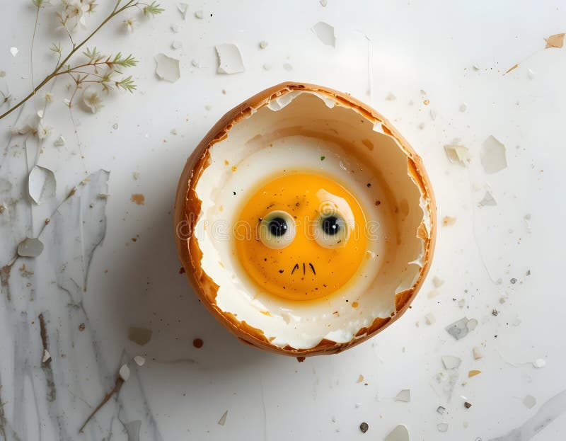 Sad Egg Yolk with Eyes in Broken Shell on White Surface Stock Image ...