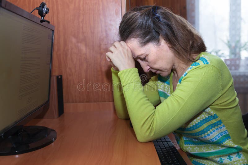 Sad Elderly Woman at Computer Stock Image - Image of portrait ...