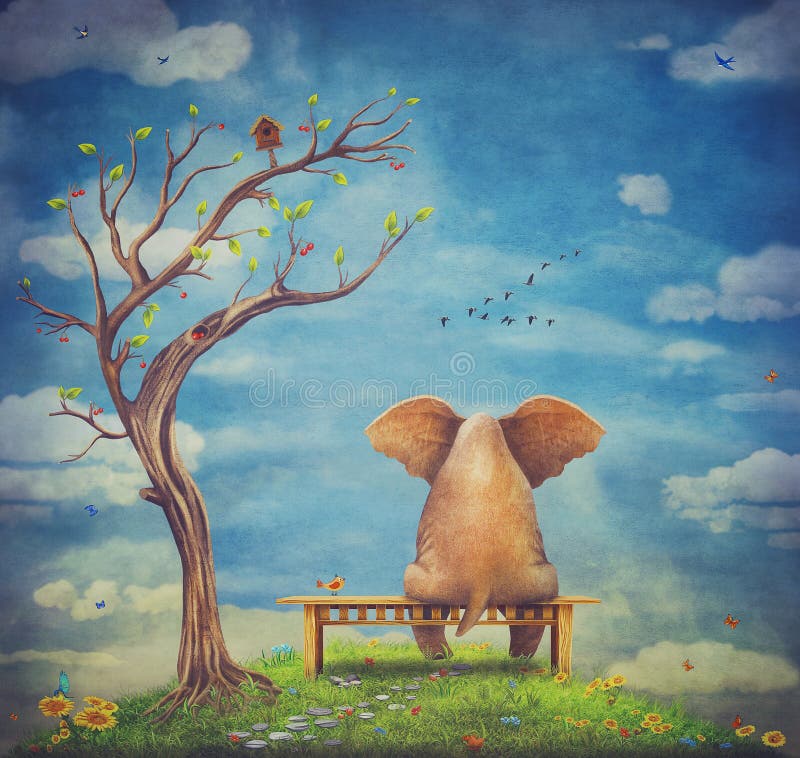 Sad Elephant Sitting on a Bench Stock Illustration - Illustration of ...