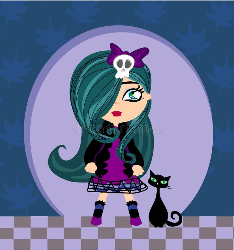 Sad emo girl and her cat. stock vector. Illustration of character ...