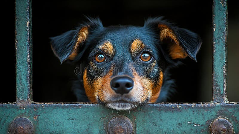 Sad-eyed Dog Looking through Rusty Metal Gate Stock Illustration ...