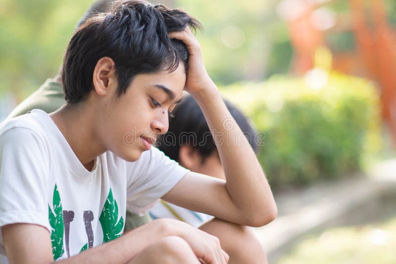 Sad Boy Sitting with Friend Outdoor Stock Photo - Image of woman, child ...