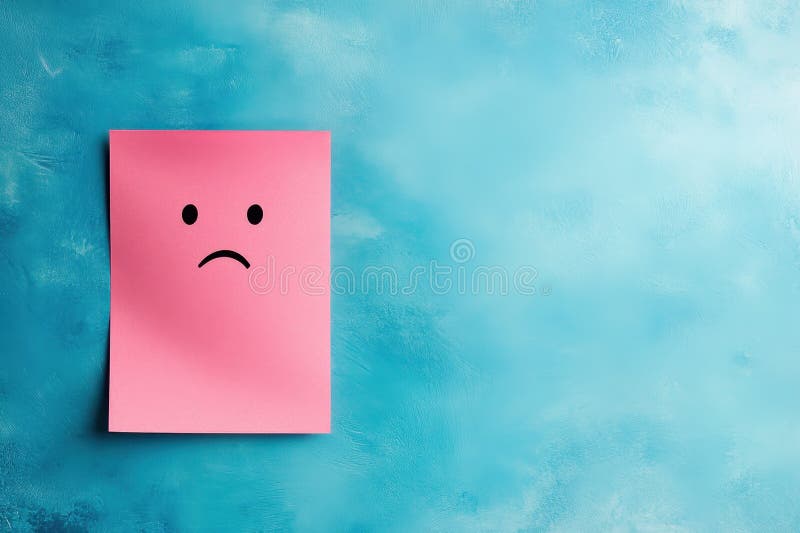 A Sad Face Drawn on a Pink Sticky Note Against a Blue Textured ...