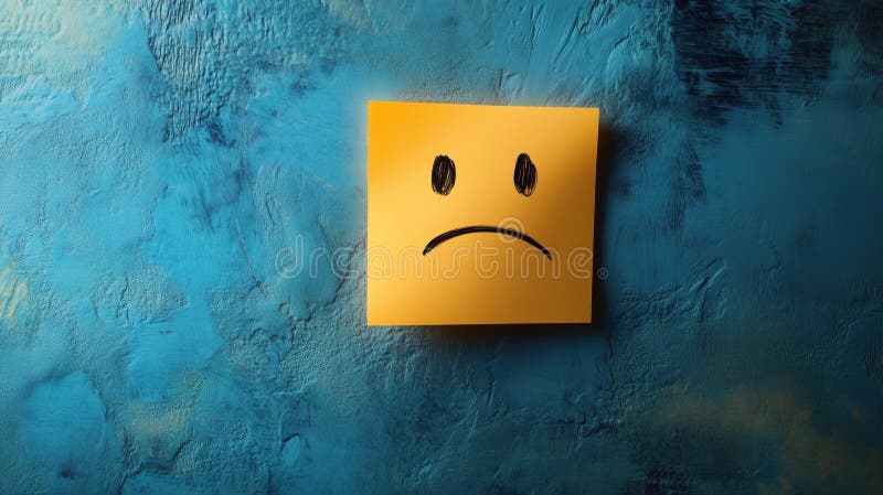 Sad Face Drawn on Yellow Sticky Note Against Textured Blue Background ...