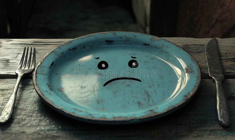Sad Face on Empty Blue Plate Symbolizing Hunger and Loneliness at ...