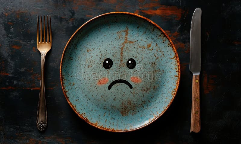 Sad Face on Empty Plate with Fork and Knife, Expressing Hunger and ...
