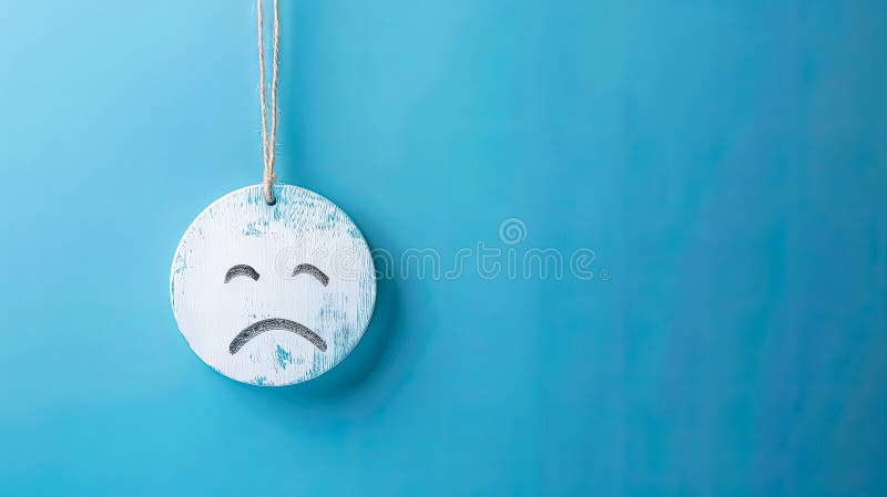 Sad Face Expression on Hanging Round Wooden Sign Against Blue ...