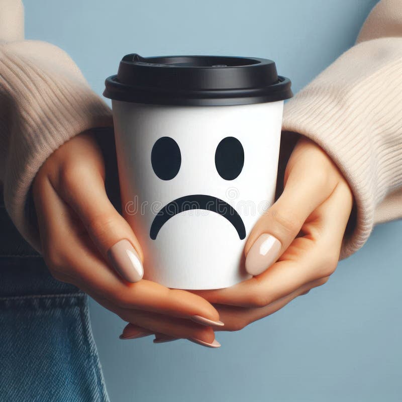 A Sad Face on a Glass of Coffee in Her Hands. Stock Photo - Image of ...