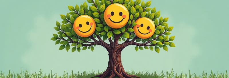 Happy and Smiling Face. Cartoon Happy Faces on Tree Stock Illustration ...