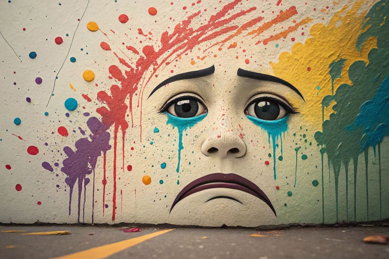 Sad Face Mural with Colorful Paint Splatters Stock Illustration ...