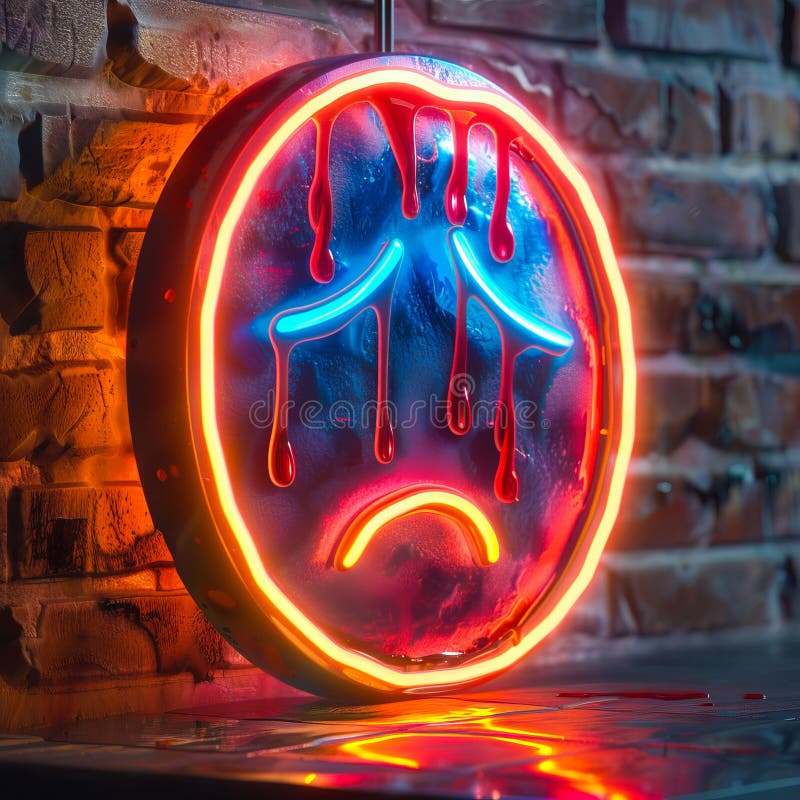 A Sad Face Neon Sign on a Brick Wall Stock Image - Image of blood, wall ...