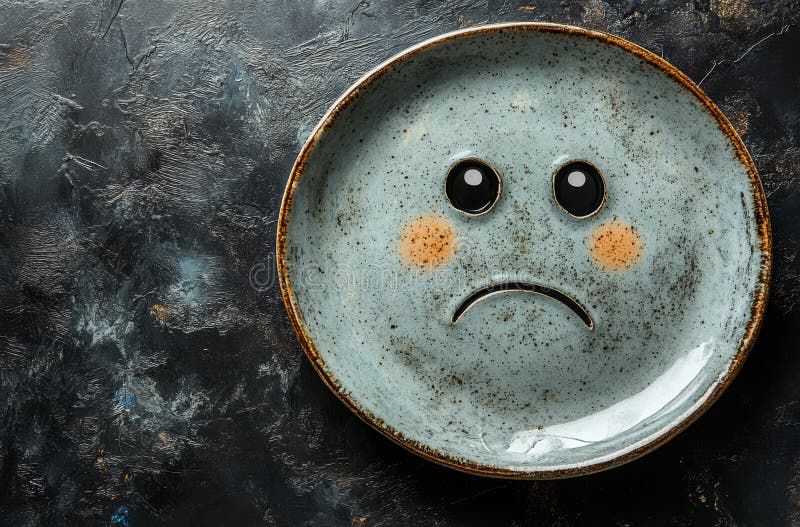 Sad face plate on dark bg stock image. Image of pottery - 367997121