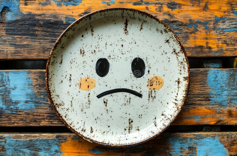 Sad Face Plate on Rustic Wooden Table Stock Photo - Image of emotions ...