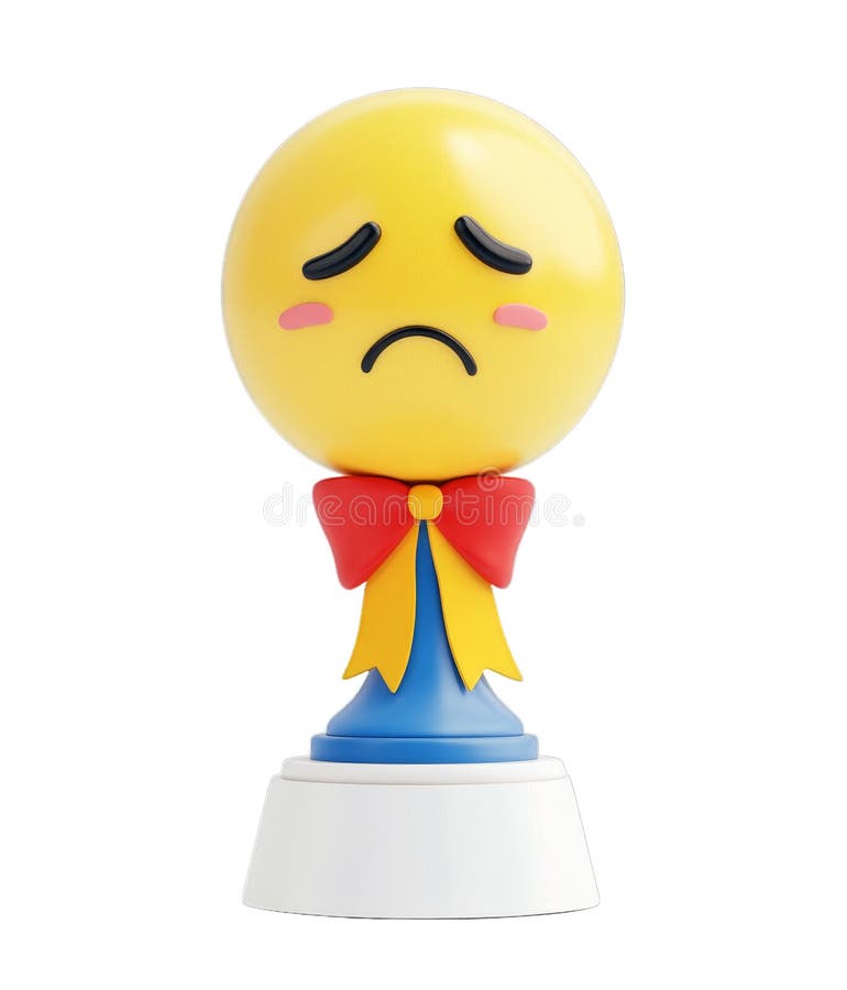 A Sad-faced Emoji Stands on a Pedestal, Adorned with a Red Bow Stock ...