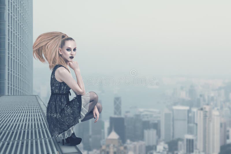 Sad Fashion Model on the Rooftop Stock Photo - Image of beautiful ...