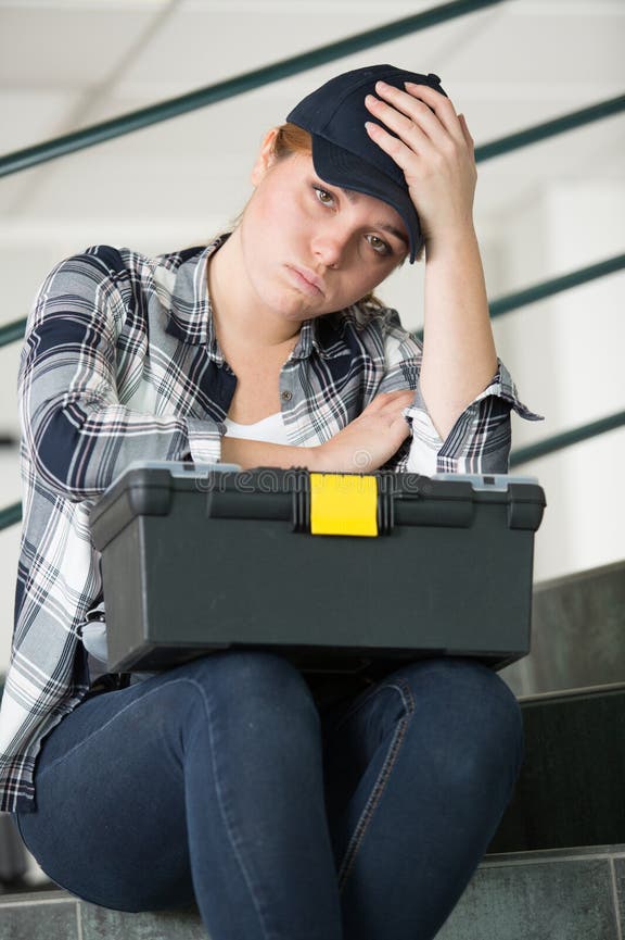 Sad Female Electrician with Toolbox Stock Photo - Image of equipment ...