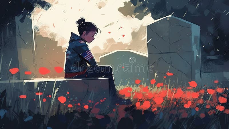 A Sad Girl at the Cemetery in Front of a Grave, Flowers at the Ground ...