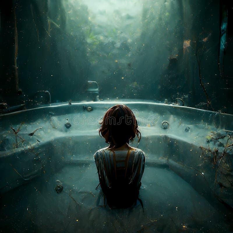 Sad Girl Crying In A Bath Tub Digital Illustration Stock Illustration
