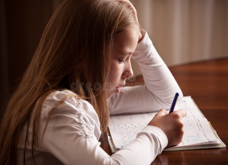 Sad girl writing stock image. Image of home, little, horizontal - 34383013