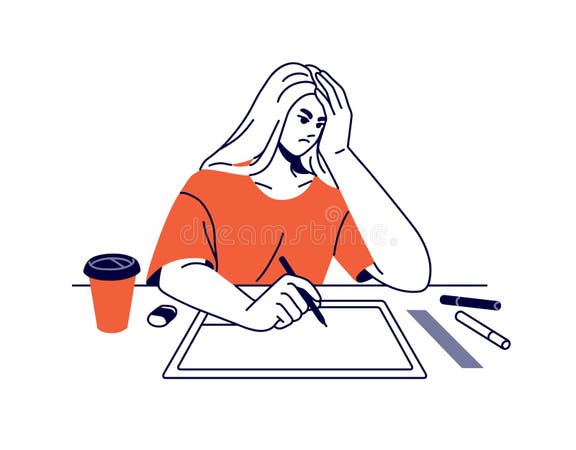 Sad Girl Drawing Difficult Draft, Architecture Exercise on Paper Sheet ...