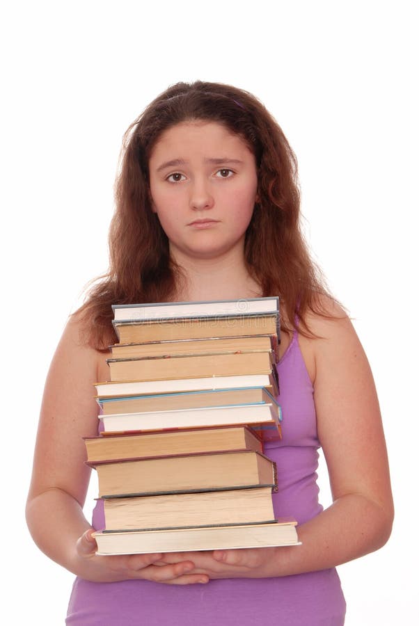Sad Girl Holds Stack of Books. Stock Image - Image of crying, beauty ...