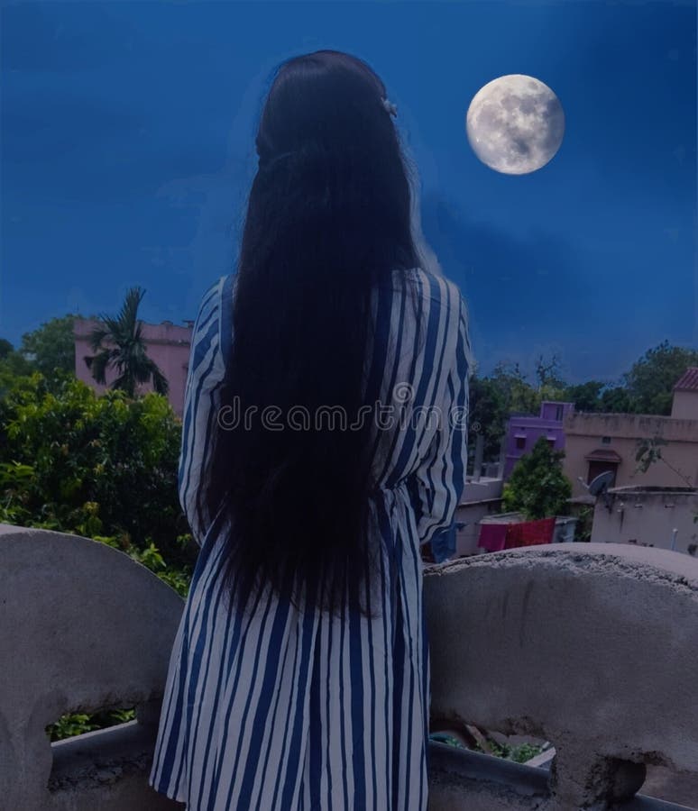 Sad Girl Image Standing in Front of Moon Stock Image - Image of front ...