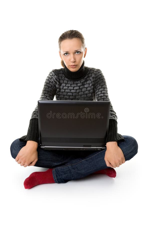 Sad girl with PC on floor stock image. Image of computer - 31987589