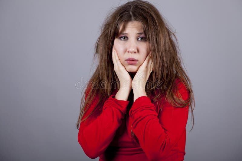 Sad girl in red. stock image. Image of face, hair, caucasian - 18234395