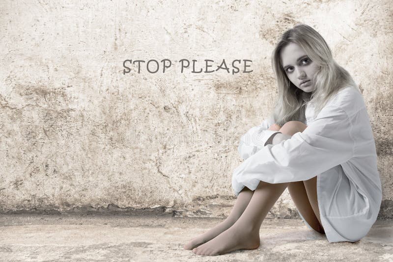 Sad girl Stop Please stock photo. Image of sign, stop - 91893140