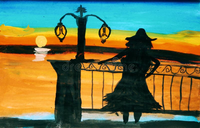 A sad girl and the sunset stock illustration. Illustration of sunrise ...