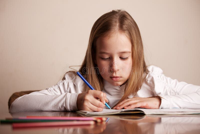 Sad girl writing stock image. Image of pencil, expressing - 37840577