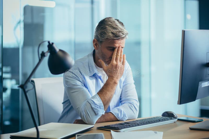 Sad Gray-haired Architect Man Working in Modern Office at Computer ...
