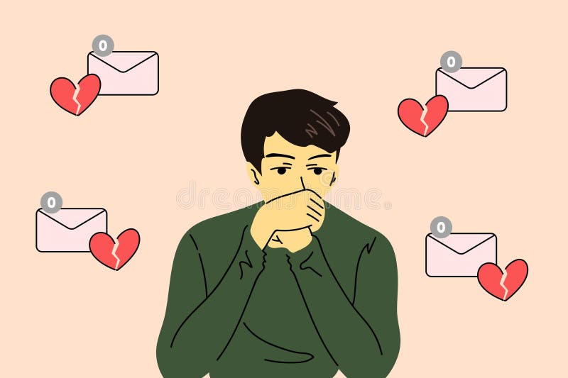 Sad Guy Surrounded of a Broken Hearts. Man Does Not Receive a Message ...
