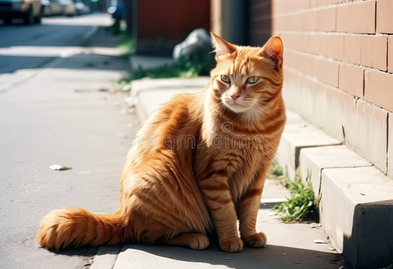 Sad Homeless Ginger Cat Sitting Outdoor Stock Illustration ...