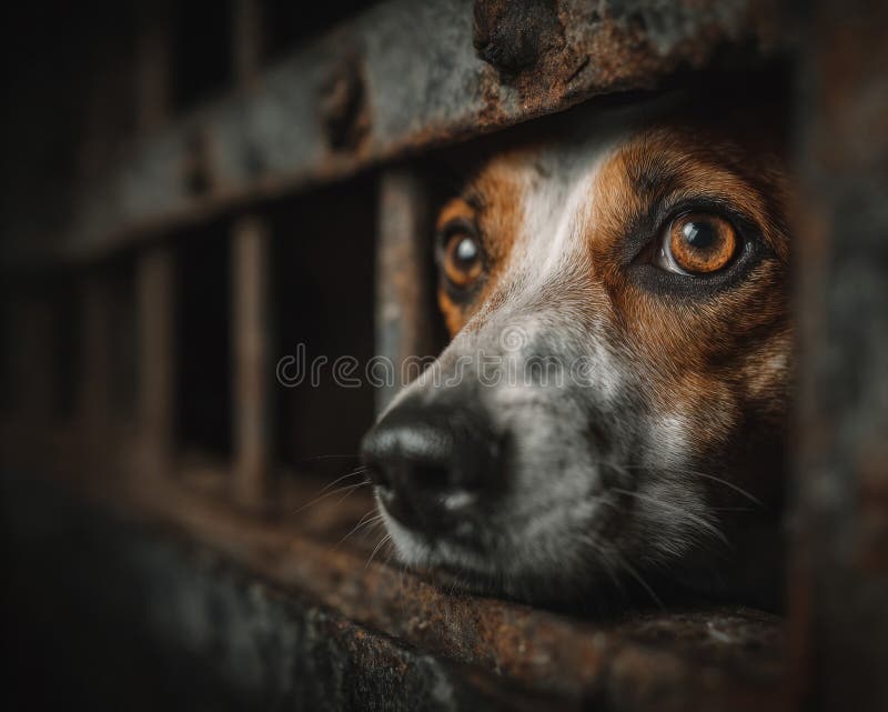 Sad Hound Dog Behind Rusty Bars Stock Illustration - Illustration of ...