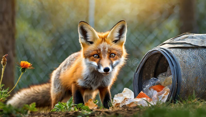 Sad and Hungry Fox is Looking for Food in Garbage at Backyard Stock ...