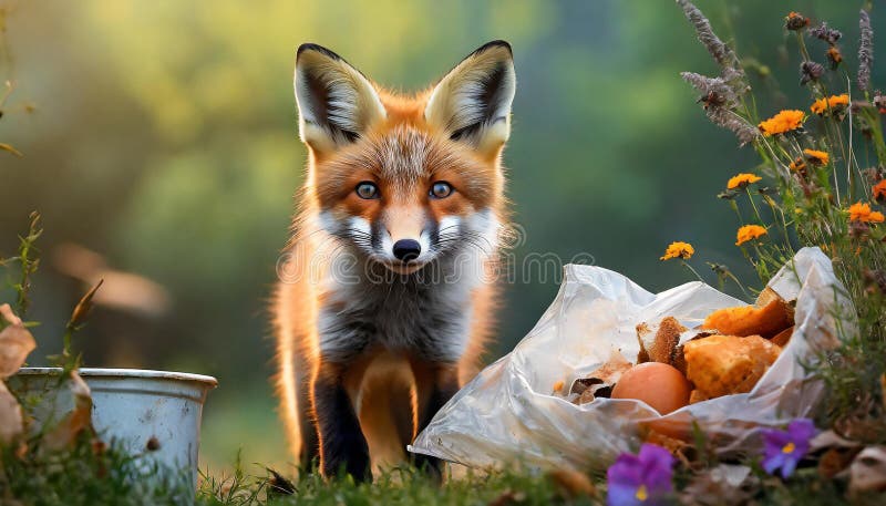 Sad and Hungry Fox is Looking for Food in Garbage at Backyard Stock ...