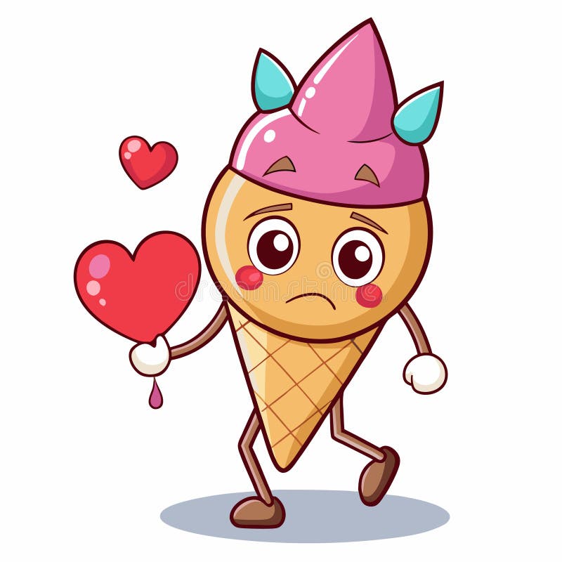 Sad Ice Cream Cone Holding a Heart Balloon Stock Vector - Illustration ...