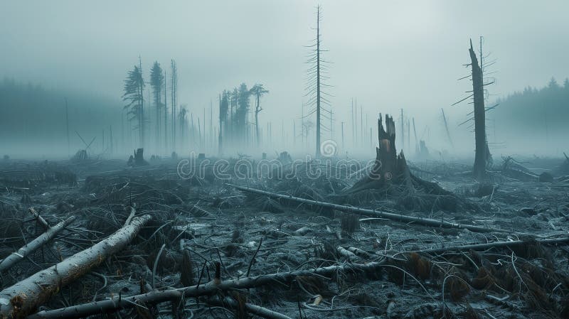A Sad Image of a Cleared Forest with Branches Lying Around on a Foggy ...
