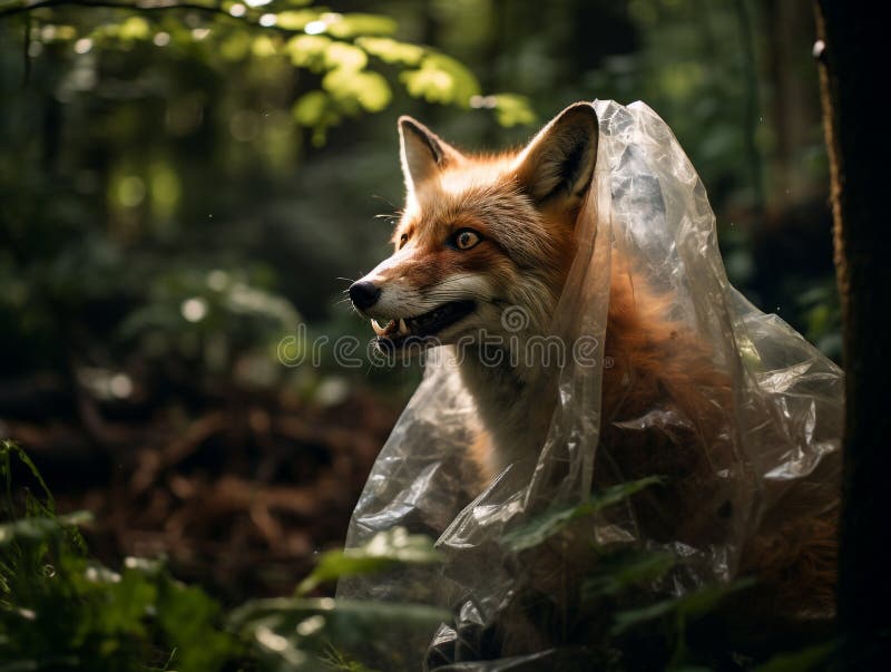 A Fox in the Middle of the Forest Who is Trapped by a Plastic Bag Stock ...